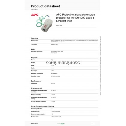 APC ProtectNet standalone surge protector for 10/100/1000 Base-T ...